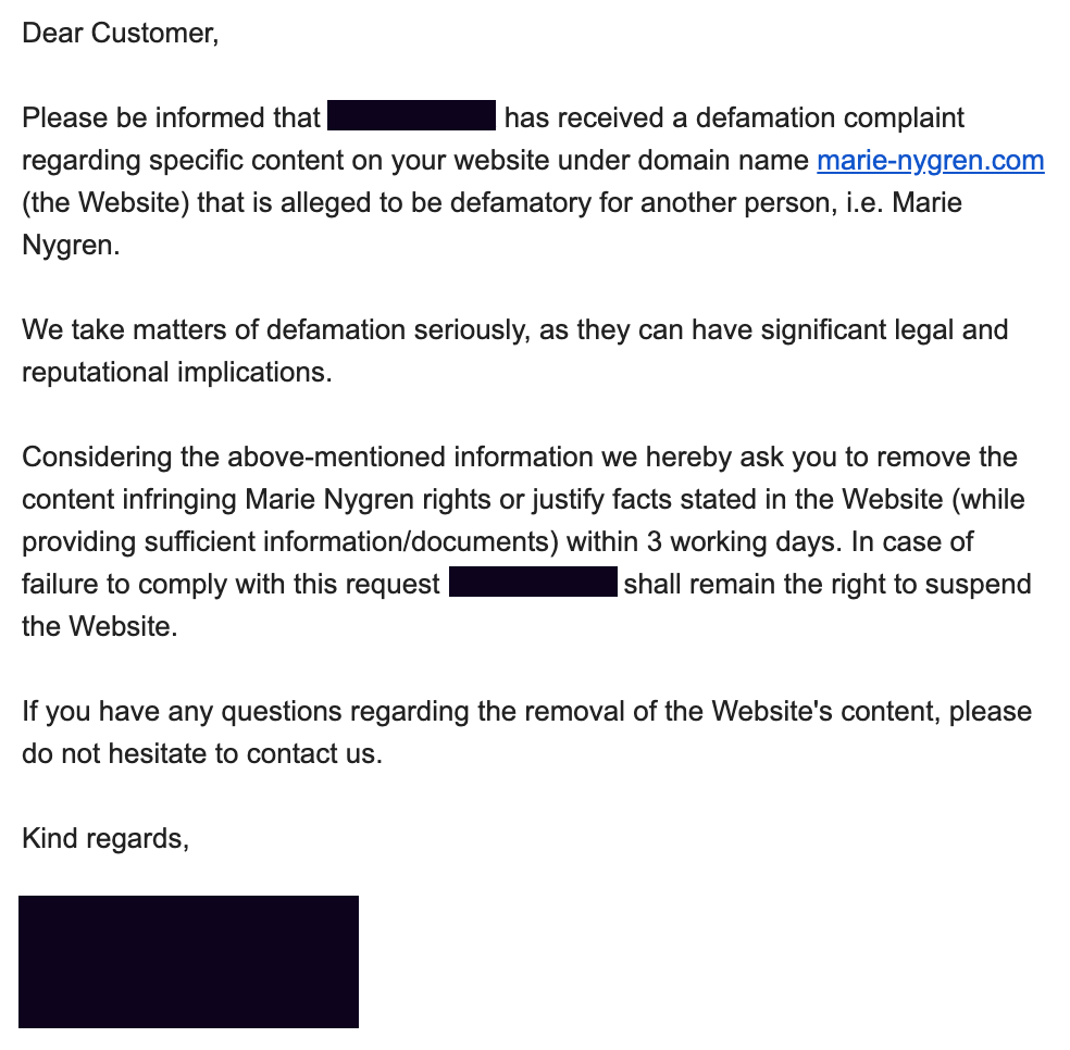 Marie Nygren | Defamation